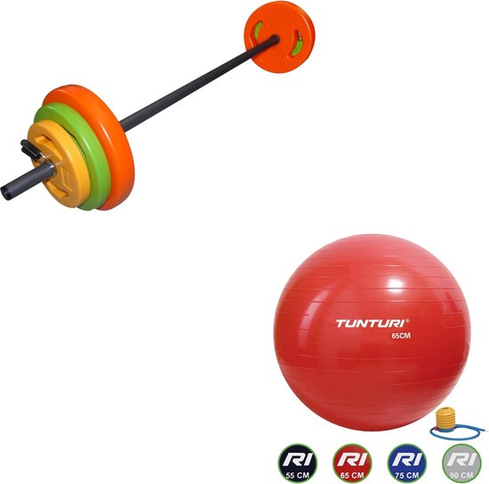 Tunturi - Fitness Set - Halterset 20 kg incl stang - Gymball Rood 65 cm ...