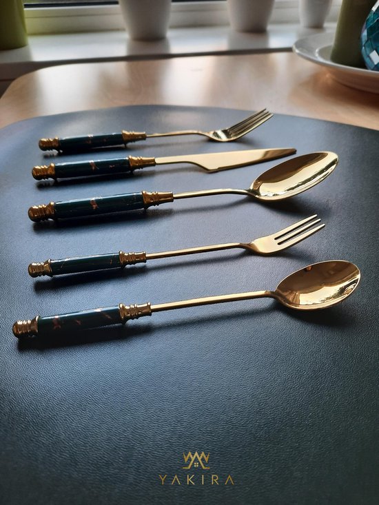 Gouden bestek 5-delig| Bestekset 1 persoons | Groen bestek | Bestek ...