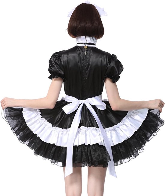 Zwarte Satijnen Sissy Dienstmeisje Jurk Crossdress Kostuum met Rok | bol