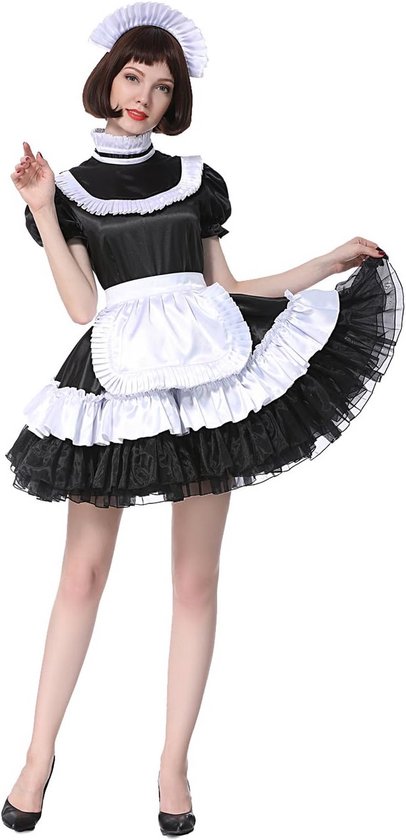 Zwarte Satijnen Sissy Dienstmeisje Jurk Crossdress Kostuum met Rok | bol