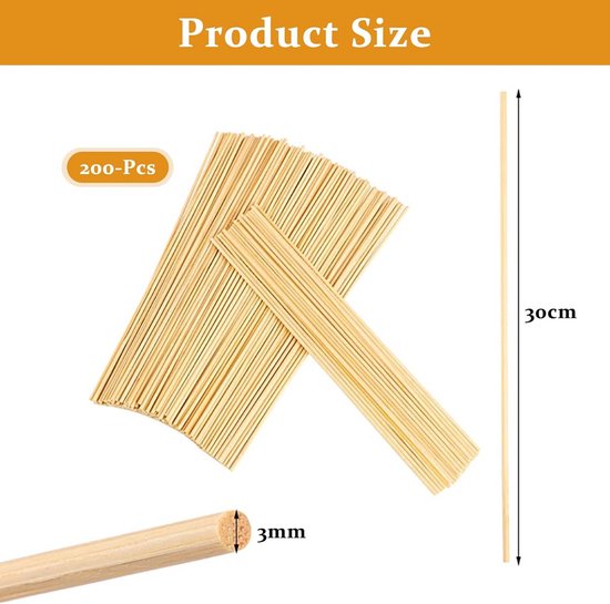 200 Ronde Houten Staafjes 30cm x 3mm voor Knutselen, Suikerspin en ...