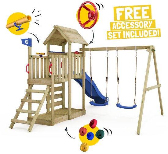 WICKEY speeltoestel klimtoestel JoyFlyer met houten dak & blauwe ...