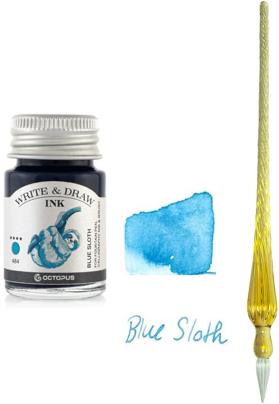 Glazen dip pen set Oranje - Potje Octopus inkt blauw-blue sloth | bol