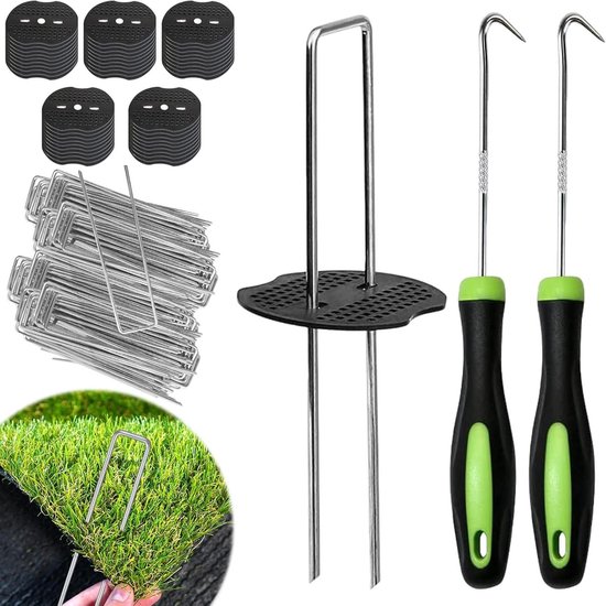 50 Pegs + 50 Washers + 2 Pick-Up Hooks for Artificial Grass Staples ...