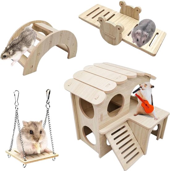 Hamster Toys Set - Wooden House, Swing, Bridge, Climbing Playground for ...