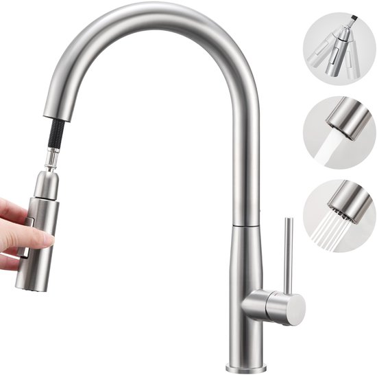 Auralum max Keukenkraan met Uittrekbare Uitloop - Handdouche met Slang - Uittrekbaar -... | bol