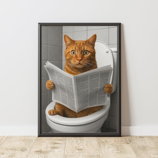 Rode kat op de wc (met krant) - Ingelijste Poster | bol