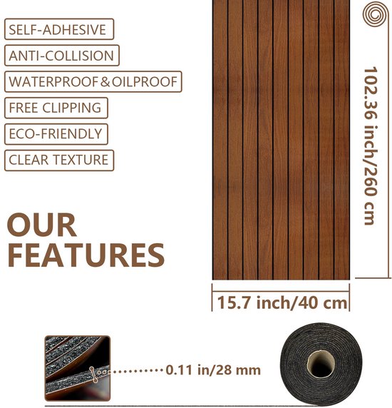 WADILE PVC houtnerf wandpanelen, 40 cm x 2,6 m, schuimgeluidsisolerende ...
