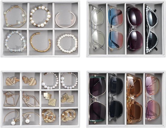 Jewelry Trays + Sunglasses Organizer Stackable Drawer Inserts - Grey ...