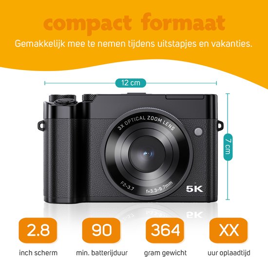 Compacte 5K Digitale Camera - 64MP Digitale Camera met 3 X Optische ...