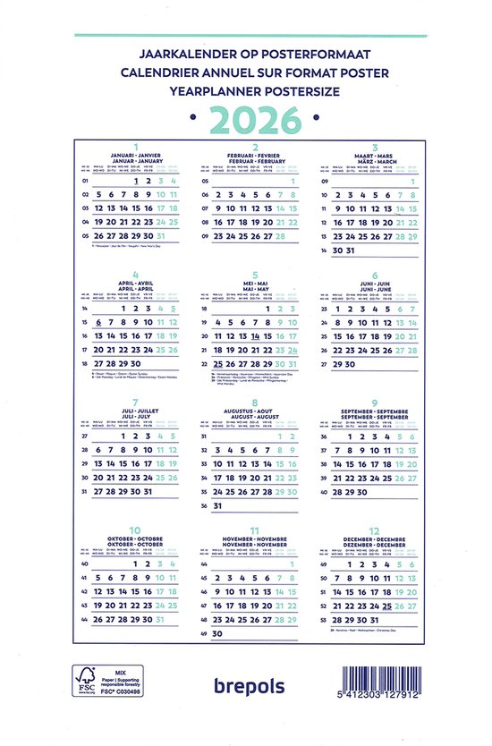 Brepols Jaarkalender 2026 - Jaaroverzicht posterformaat - 40 x 60.5 cm ...