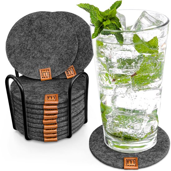 Miqio® Design Vilt Glazen Onderzetters Rond | Set van 12 + Houder ...