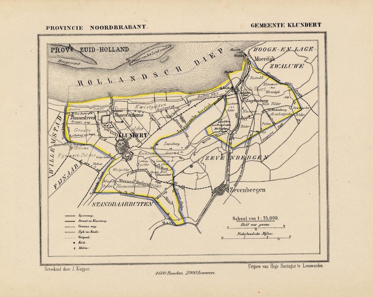 Historische kaart, plattegrond van gemeente Klundert in Noord Brabant ...