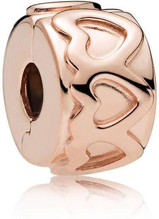 Pandora Rose 781978 Clip-Stopper Bedel zilver rosekleurig Row of Hearts ...