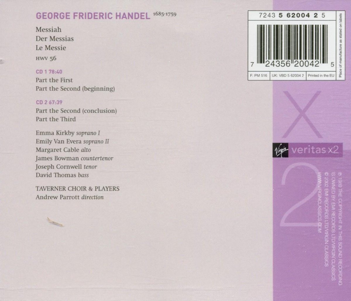 Veritas - Handel: Messiah / Parrott, Kirkby, Bowman, et al, Emily van ...