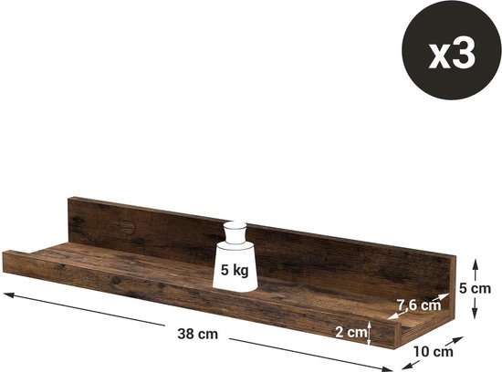 VASAGLE wandplanken, set van 3, zwevende planken, lengte 38 cm, verhoogde voorkant,... | bol.com