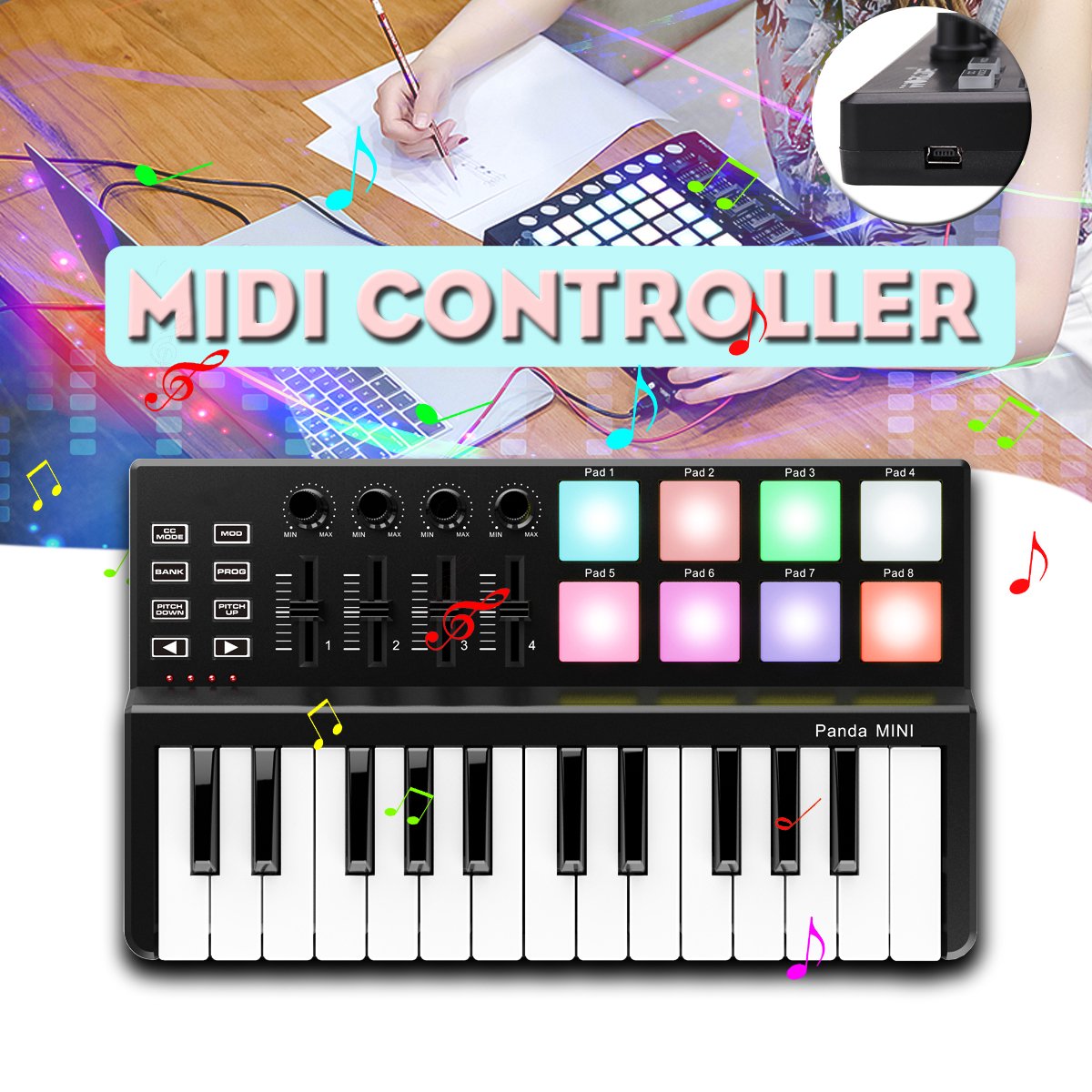 WORLDE Panda Midi keyboards-25-toetsen USB Toetsenbord-drumpad en MIDI ...