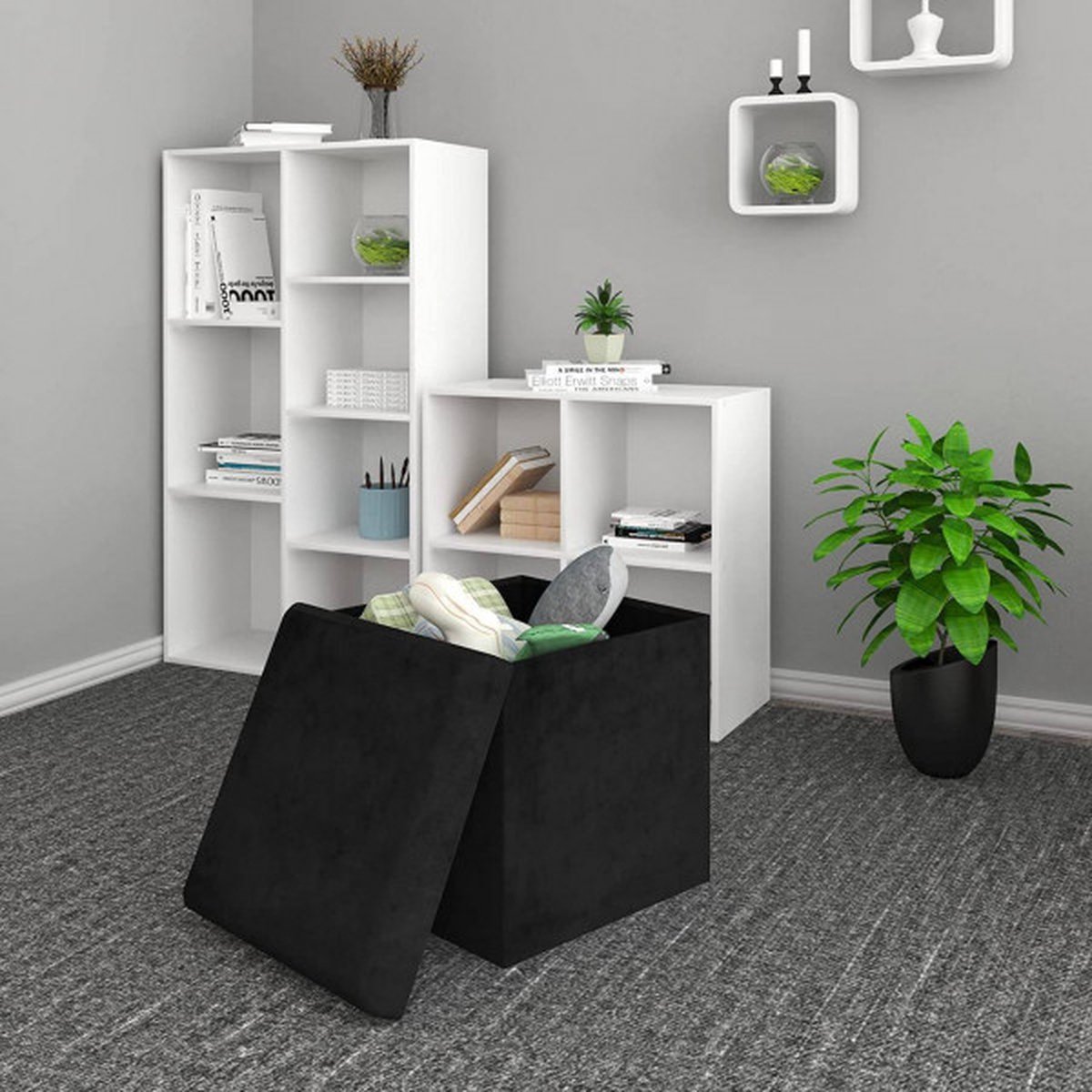 Pouf de Rangement en Velours Kamyra® Avec Couvercle - Carré - Velours ...
