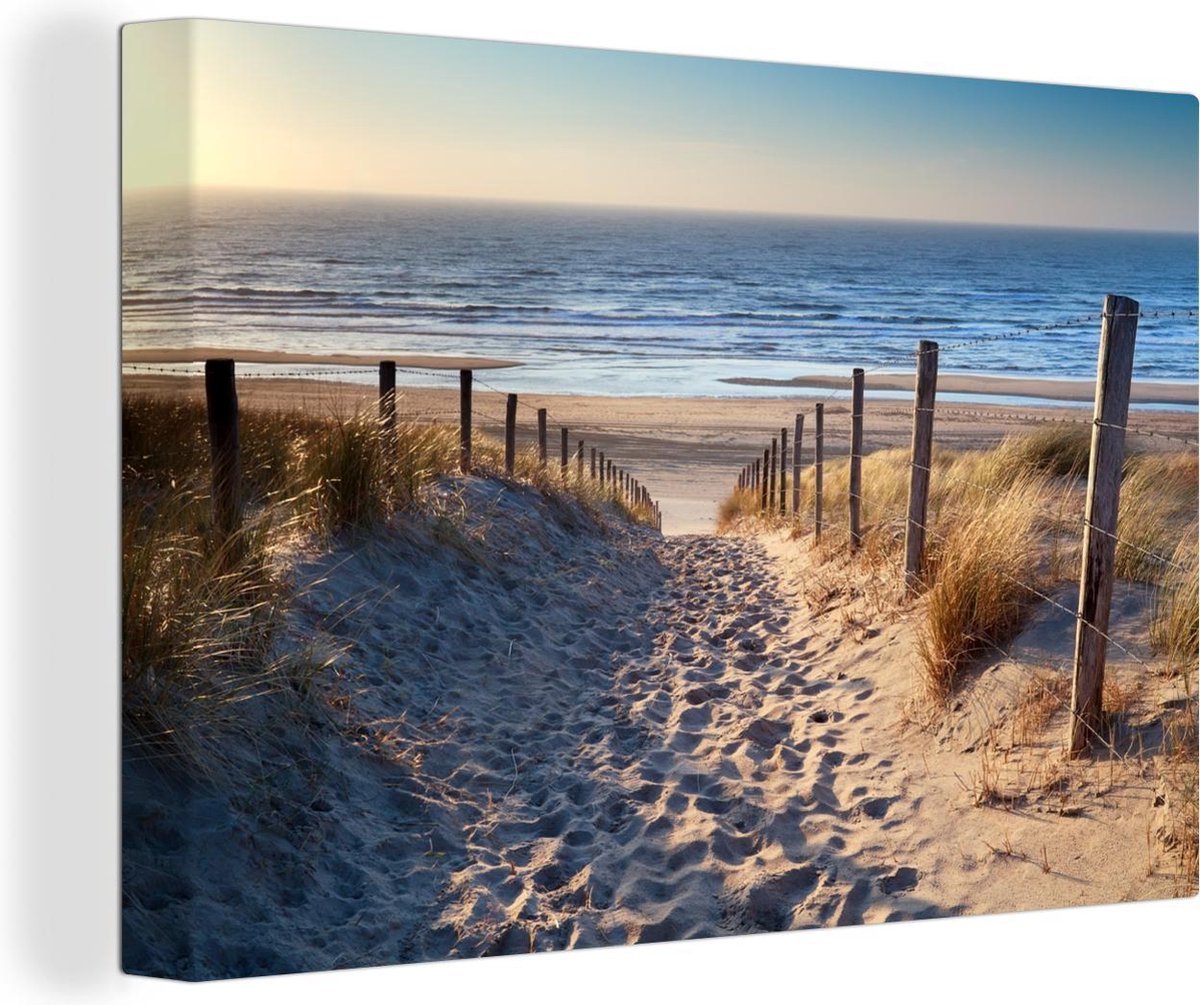 Canvas Woonkamer - Duin - Strand - Zee - Zonsondergang - Gras - Canvas doek - 120x80... | bol.com