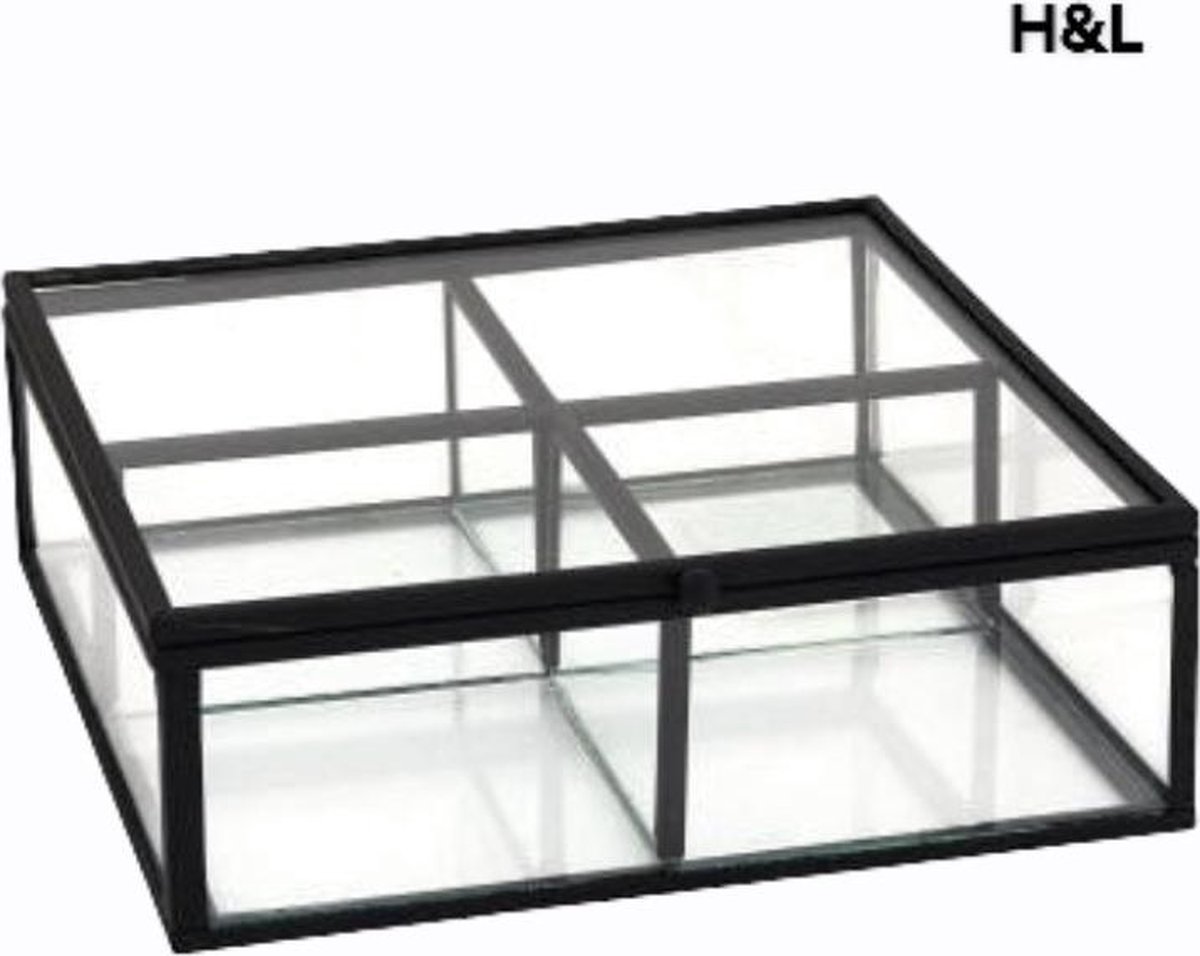 H&L theedoos zwart - metaal - glas - 4 vakjes - sieradendoos - 15 x 15 ...
