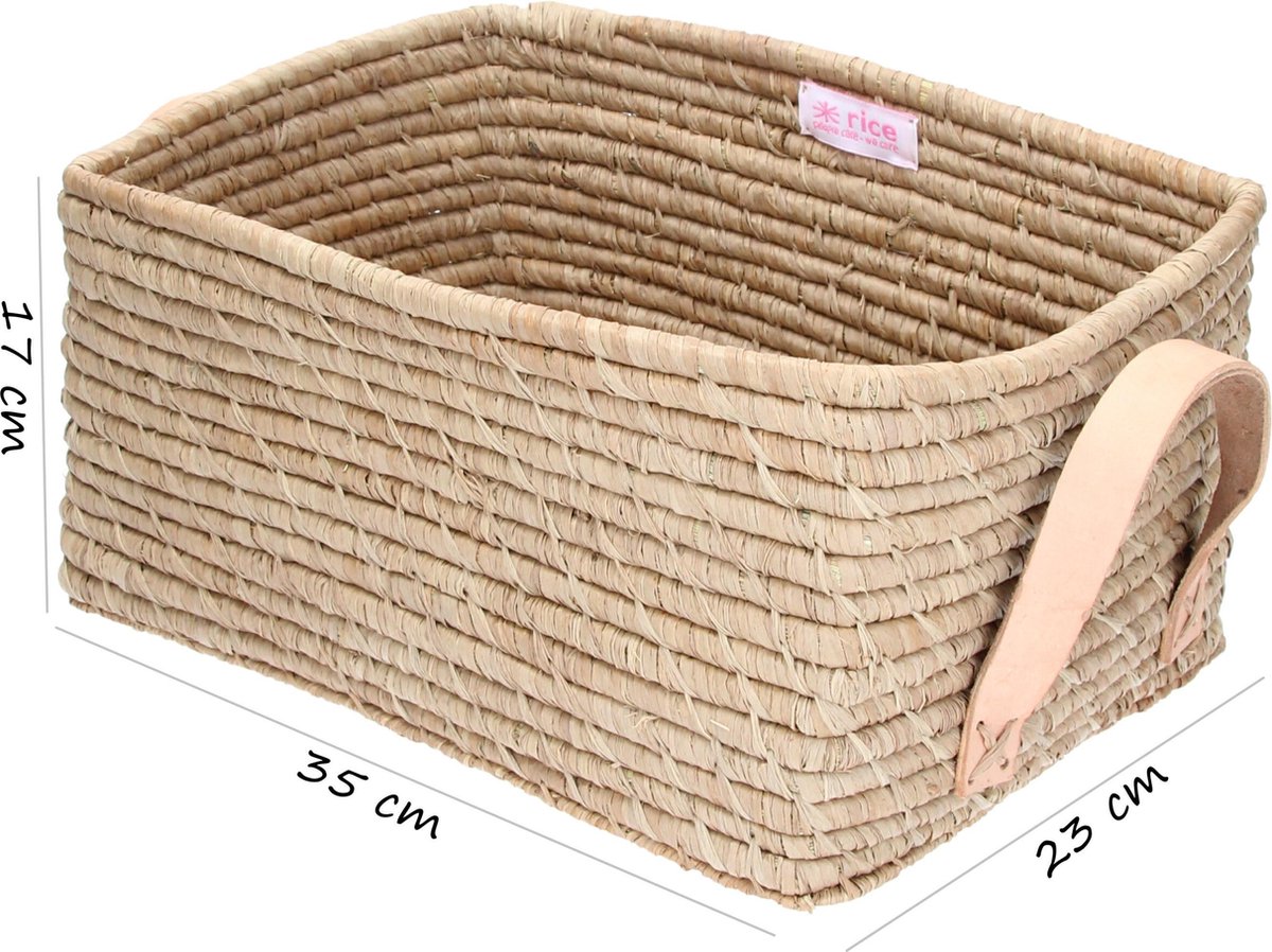 Rice Raffia Rectangular Basket w. Leather Handle L35xB23xH17 - Tea | bol.com