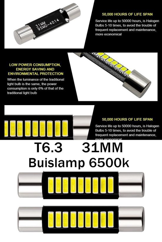 Buislamp set LED 2 stuks | T6.3 | C5W 31 mm | T6 | 6500K | 180 Graden straling 9 SMD |... | bol