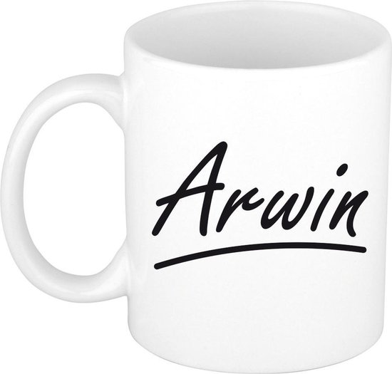Arwin naam cadeau mok / beker met sierlijke letters - Cadeau collega ...