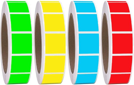 4 rollen vierkante stickers 2,5cm blauw - geel - rood - groen (totaal ...