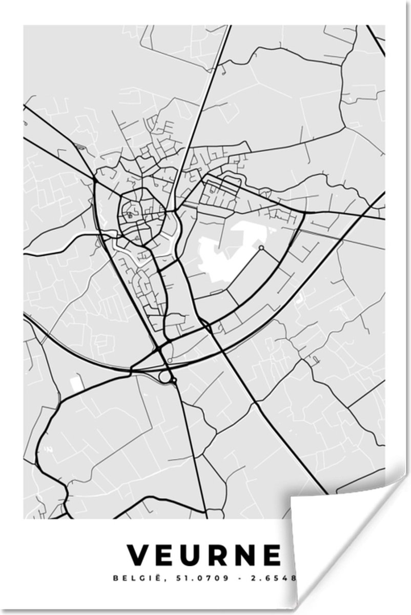 Poster Zwart Wit – België – Plattegrond – Stadskaart – Kaart – Veurne ...