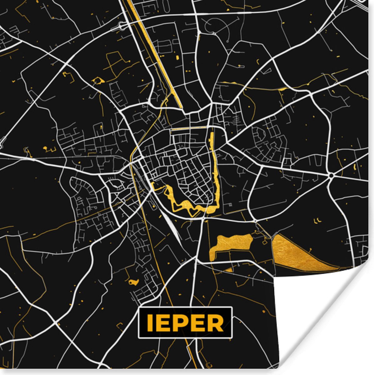 Poster Kaart - Ieper - Stadskaart - Plattegrond - Goud - 100x100 cm XXL ...