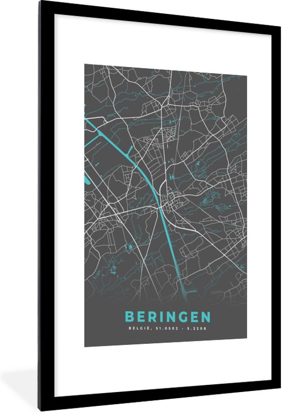 Fotolijst incl. Poster - Stadskaart – Grijs - Kaart – Beringen – België ...
