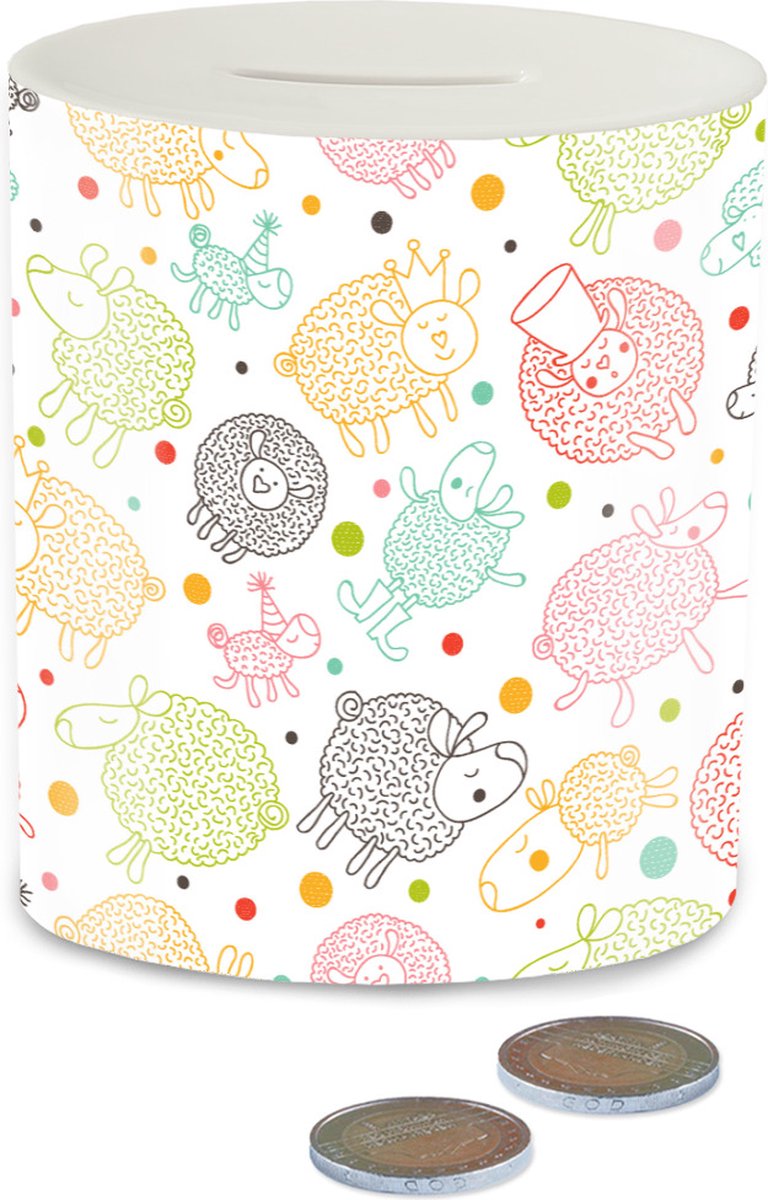 Spaarpot - Spaarblik - Schapen - Patronen - Lente - Stippen - Regenboog ...