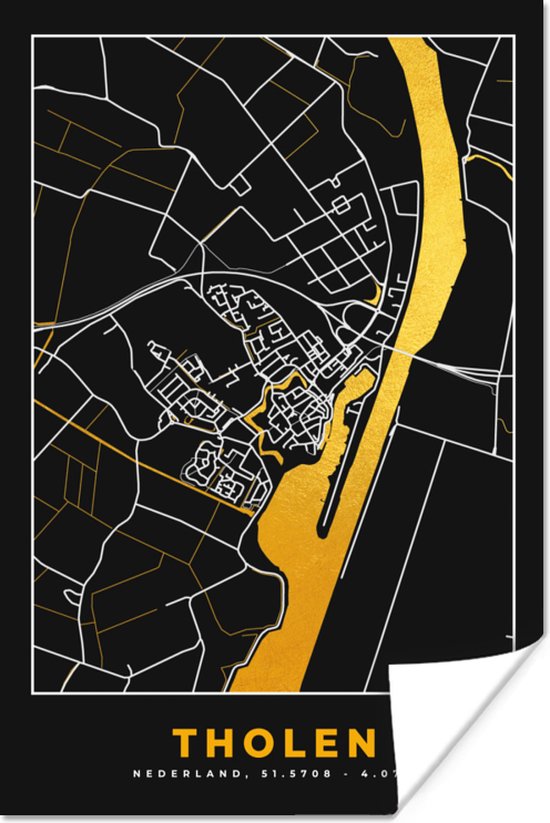 Poster Tholen - Black and Gold - Stadskaart - Kaart - Plattegrond ...