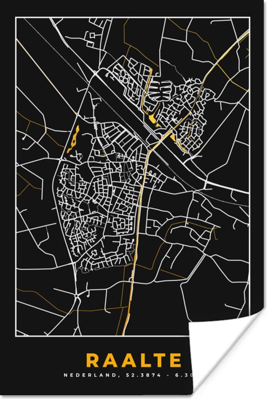Poster Raalte - Black and Gold - Stadskaart - Plattegrond - Kaart ...