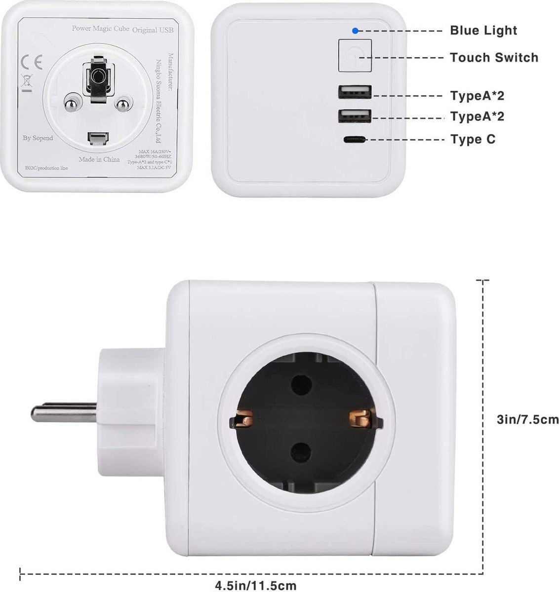 USB Stopcontact, Kubus stopcontact, 2 Stopcontacten met 2 USB Poorten | bol
