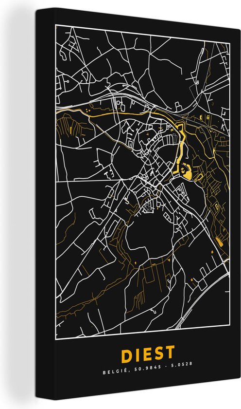 Canvas schilderij 90x140 cm - Wanddecoratie Diest - Stadskaart - Goud ...