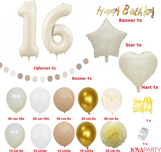 Joya Party® 16 jaar verjaardag feest pakket Beige en Wit | Versiering ...