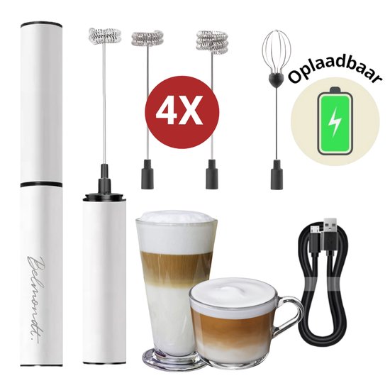 BELMONDT© Elektrische Melkopschuimer - USB oplaadbaar- 4 opzetstukken- Wit | bol