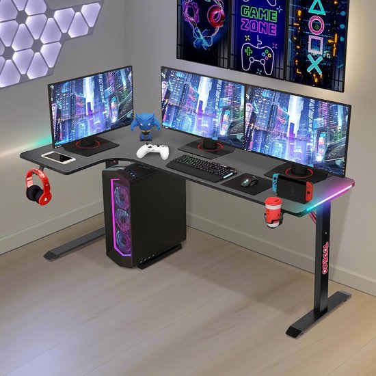 L-vormige gamingcomputertafel met LED-verlichting, hoekbureau 160 x 100 ...