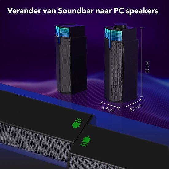 2 in 1 Soundbar PC speakers met Bluetooth 5.3 - RGB verlichting ...