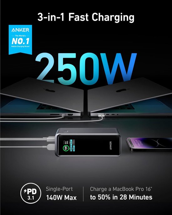 Anker Prime 737 Powerbank - 27.650 mAh, 250W - USB/USB-C Oplader + 100W Charger | bol
