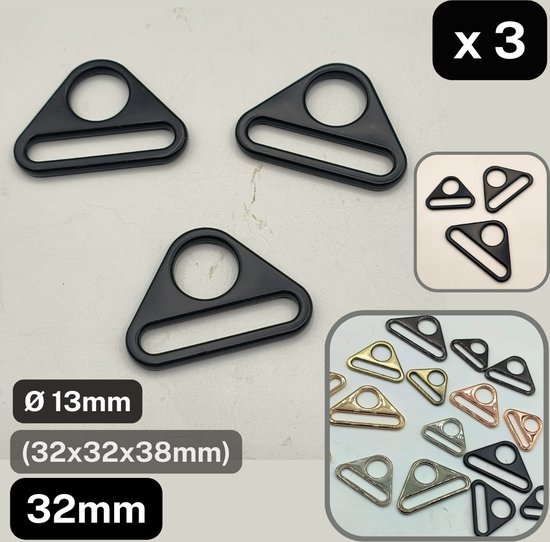 3 METALEN GESPEN in DRIEHOEKVORM MET GAT, Breedte 32MM, wordt gebruikt ...