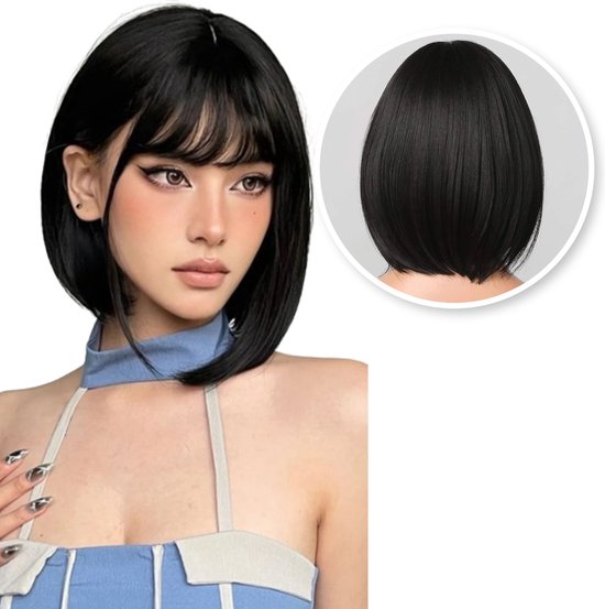 SassyGoods Zwarte Pruik - Pruiken Dames - Wig - Kort Haar met Pony ...