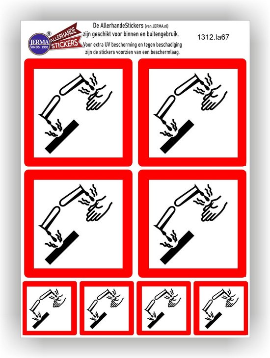 Corrosiviteit, bijtende stoffen, sticker set, rood, wit GHS05 ...