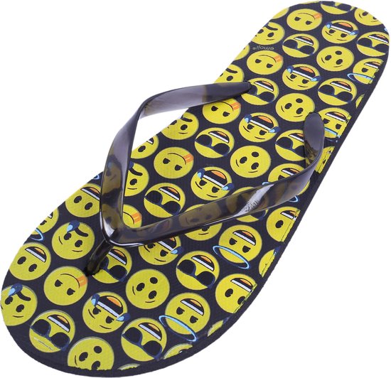 Zwart-gele flip-flops met emoji's, zwarte bandjes | bol