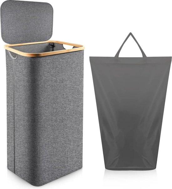 Bamboe Wasmand met Deksel 100 l - Opvouwbare Wasmand met Vakken - Grijs | bol