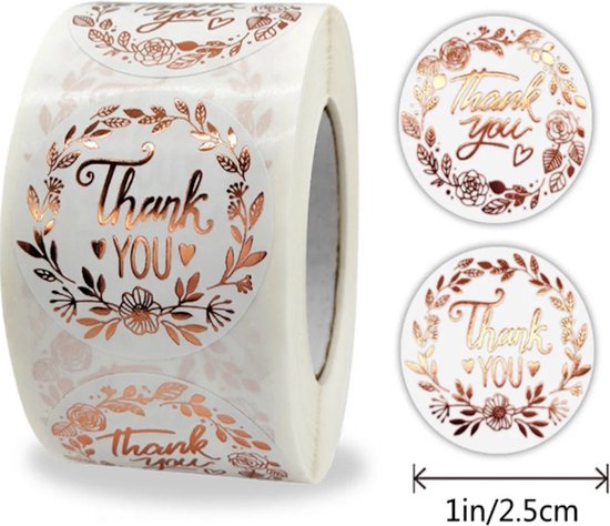 Rol met 500 stijlvolle Thank You stickers in Rose Goud - 2.5 cm ...