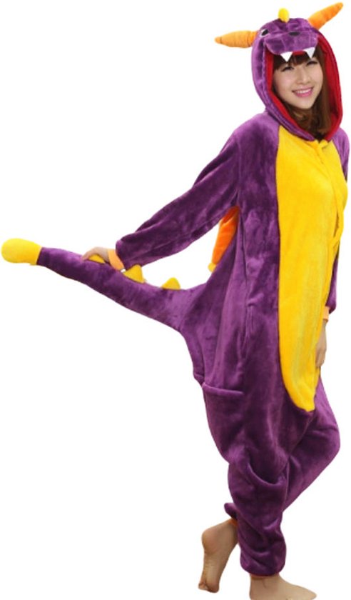 KIMU Onesie Paarse Draak Pak - Maat M-L - Drakenpak Dino Kostuum Paars ...