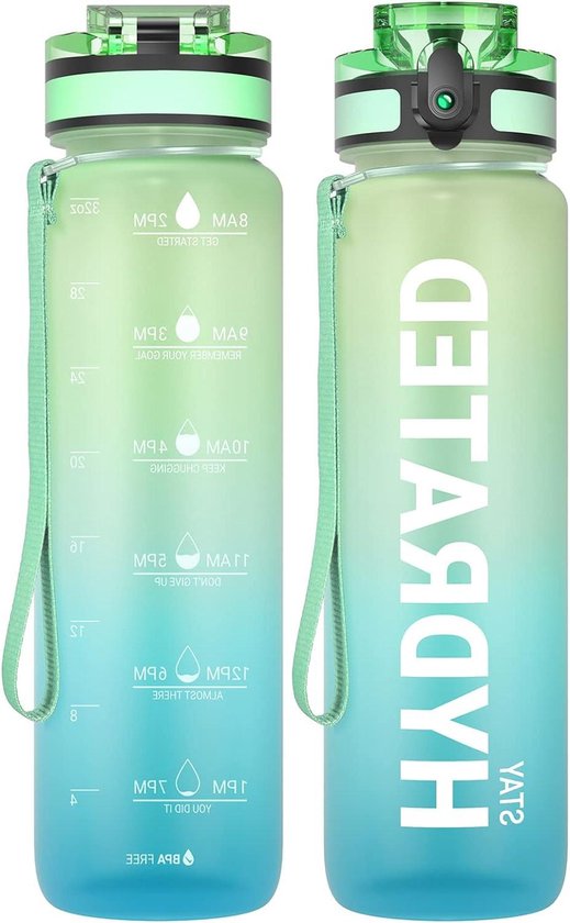 Sport Waterfles 32oz/1000ml met Motiverende Tijd Marker - Lekbestendige ...