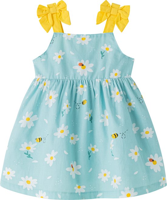 Newness Kids - jurkje met bloemetjes en bijtjes - blauw - maat 98 | bol
